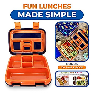 Dinosaur Bento Lunch Box for Boys Toddlers, 5 Portion Sections Secure Lid, Microwave Safe BPA Free Removable Plastic Tray, Pre-School Kid Daycare Lunches Snack Container Ages 3 to 7 Blue Orange