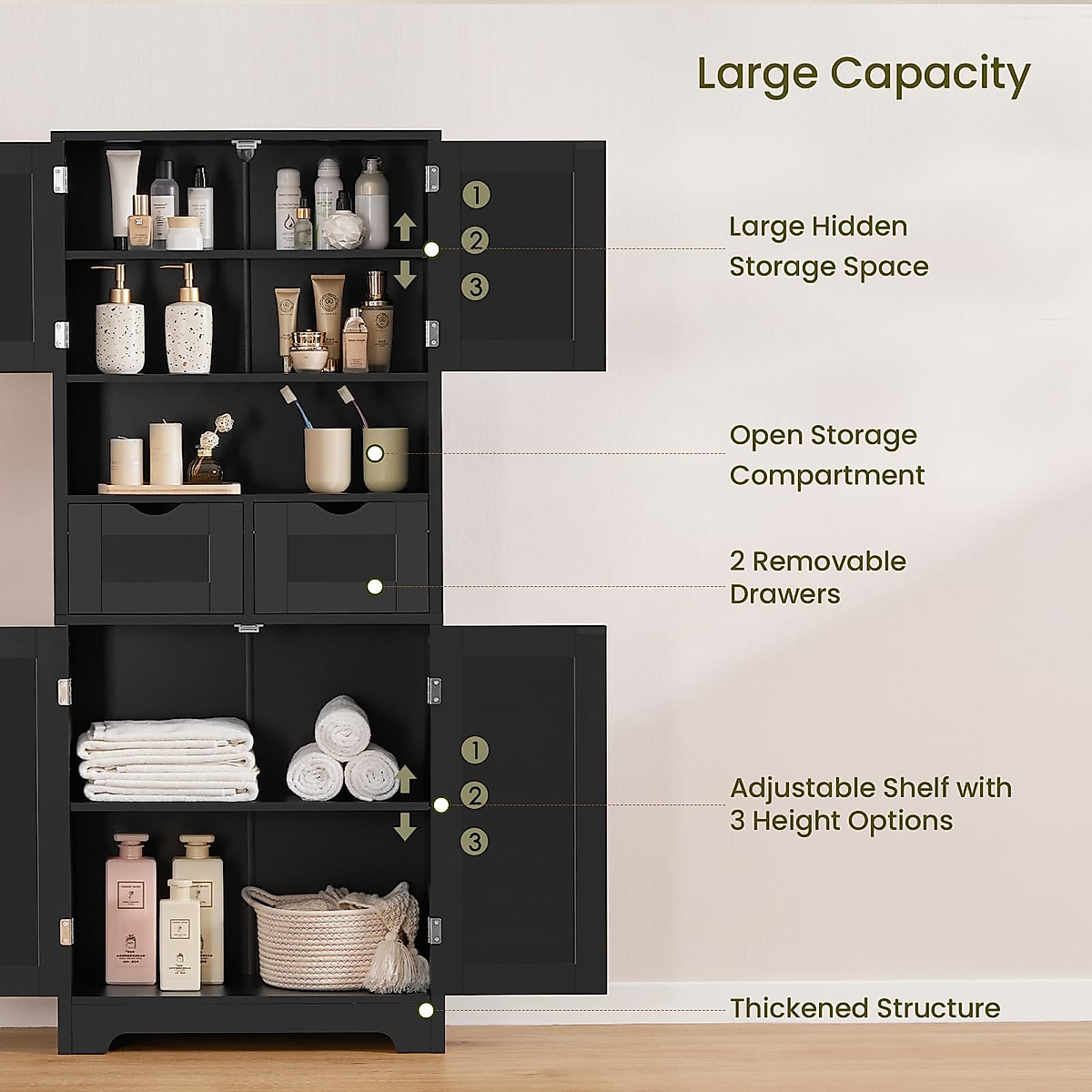 Quimoo Tall Storage Cabinet, Bathroom Cabinet with Drawers & Adjustable Shelves, Bathroom Storage Cabinet for Living Room, Kitchen, Black