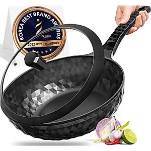 Diamond X Supreme Non Stick 11" Premium Frying Wok Pan Hybrid with Lid and Spatula, Oil-Free, PFOA-Free Cooking with Titanium-Coated 8-Layered Made In Korea Engineered Stir Fry Skillet, Rapid Heating