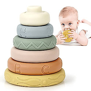 BOBXIN Stacking & Nesting Rings Toy, Soft Circle Stacker, 6 pcs Building Stacker,Teethers for Baby, Squeeze Play with Letter, Animal and Graphic, Toddler Learning Toys for 6 Month Old Boys Girls