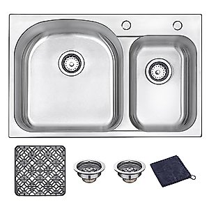 DIRECTUNIT 31.5-inch Drop-in Topmount Kitchen Sink Double Bowl with 2 Holes 18 Gauge Stainless Steel Sink with Silicone Protector Mat, 31.5" x 20.5" x 9"