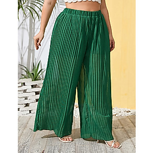 KOJOOIN Women Plus Size Pleated Wide Leg Palazzo Pants Elastic High Waist Loose Fit Chiffon Summer Casual Pants Green 2XL