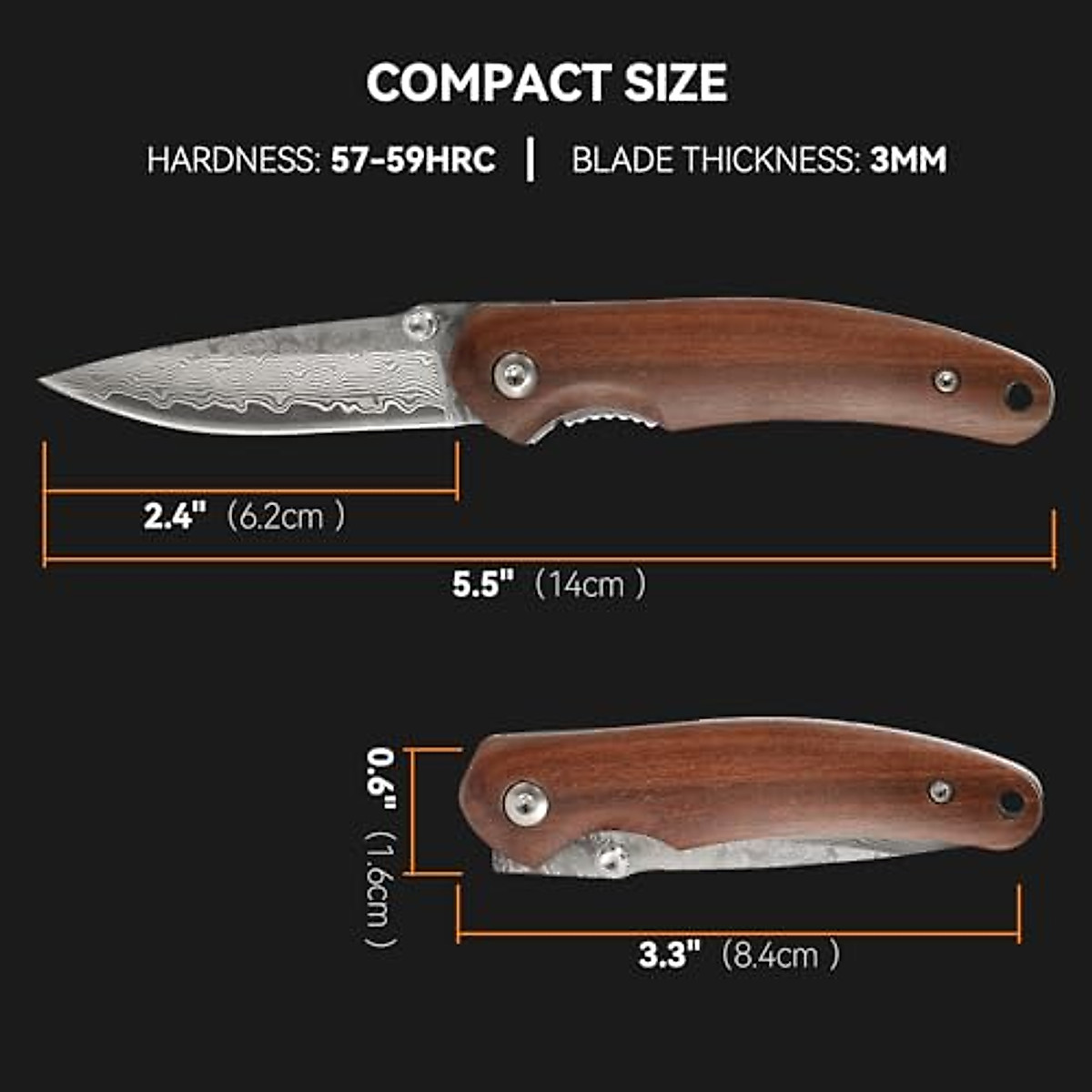 BARRYSAIL Damascus Small Pocket Knife, Folding Knife with 2.4 Inch Blade, Liner Lock, Wood Handle for EDC, Outdoor Camping, Survival