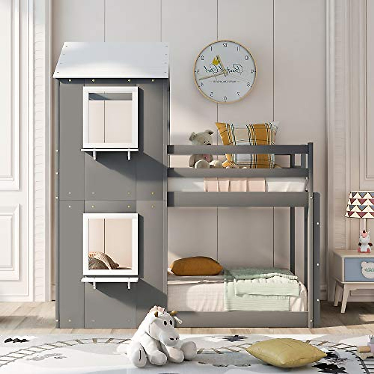 Lepfun Bunk Bed,Twin Over Twin Size Bunk Bed Wood Bed with Roof and Window for Bedroom,Guest Room and Dorm,Wooden Bunk Bed with Guardrail and Ladder for Kids,Teens,Girls,Boys,Noise Free,White