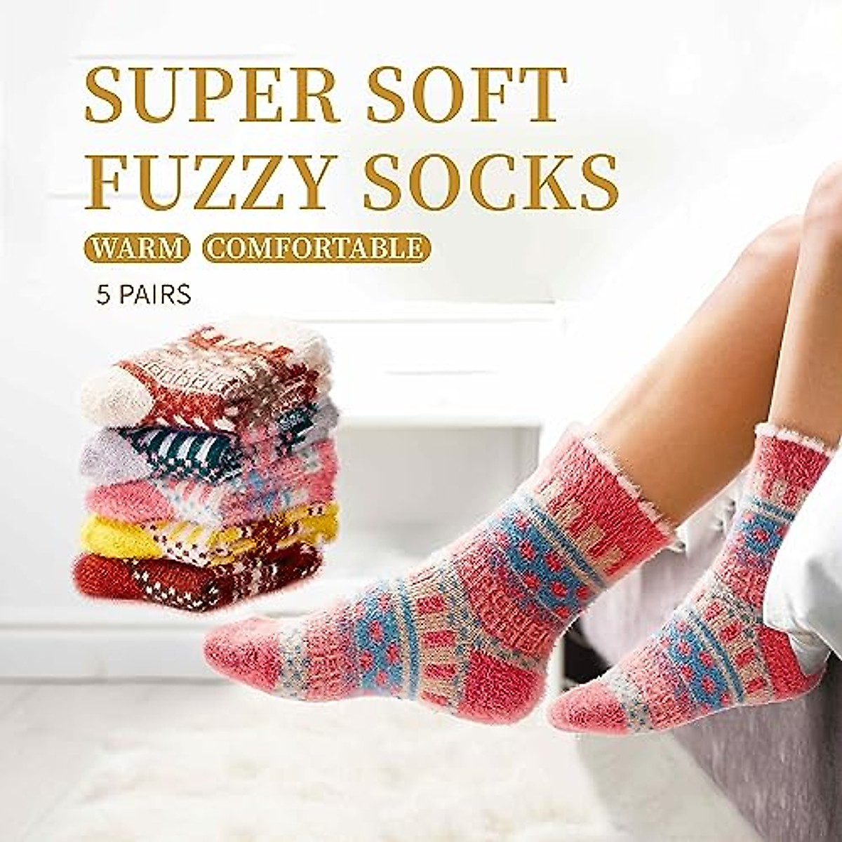 ICEIVY 5 Pack Women Thick Soft Warm Fuzzy Socks Winter Wool Fluffy Cozy Socks Casual Home Sleep Socks with Gifts Box(Multicolor-K)