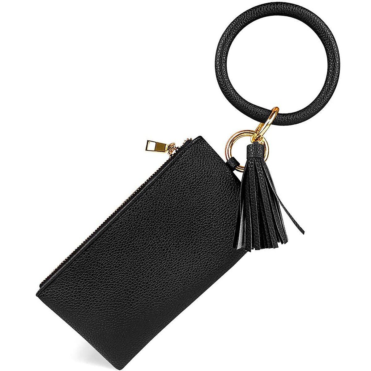 Women's Round Key Ring Wristlet Clutch Wallet, Lightweight Leather Wristlet Purse Bag with Bracelet Circle Keyring (Black) Medium