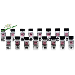 Rare Earths Metals Set 16 Elements Scandium to Lutetium in Labeled Glass Vial with Acrylic Table