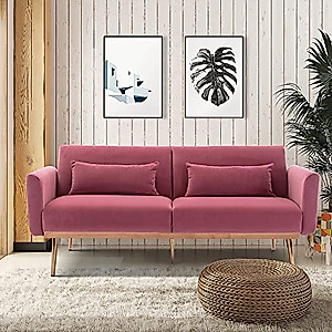 LoLado Velvet Futon Sofa Bed, Modern Tufted Convertible Sleeper Sofa with 2 Throw Pillow, Adjustable Loveseat, Accent Couch for Living Room, Bedroom, Bonus Room (Pink)