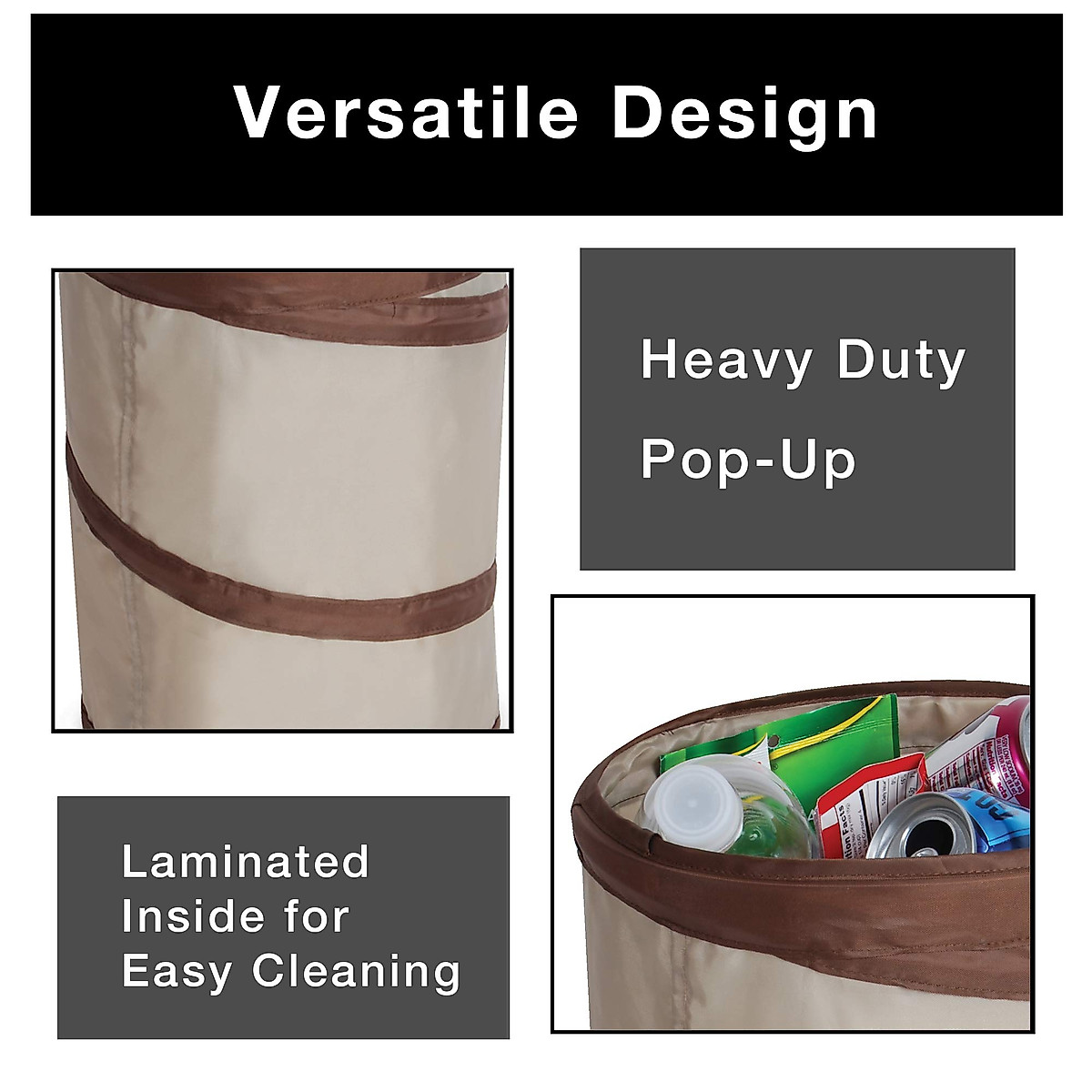 Smart Design Spiral Pop Up Trash Bin with Open Top - Easy to Clean Design - for Recyclables, Garbage, Paper Clutter, Trash Bin - Home - 9.5 x 13 Inch - Beige with Dark Brown Trim