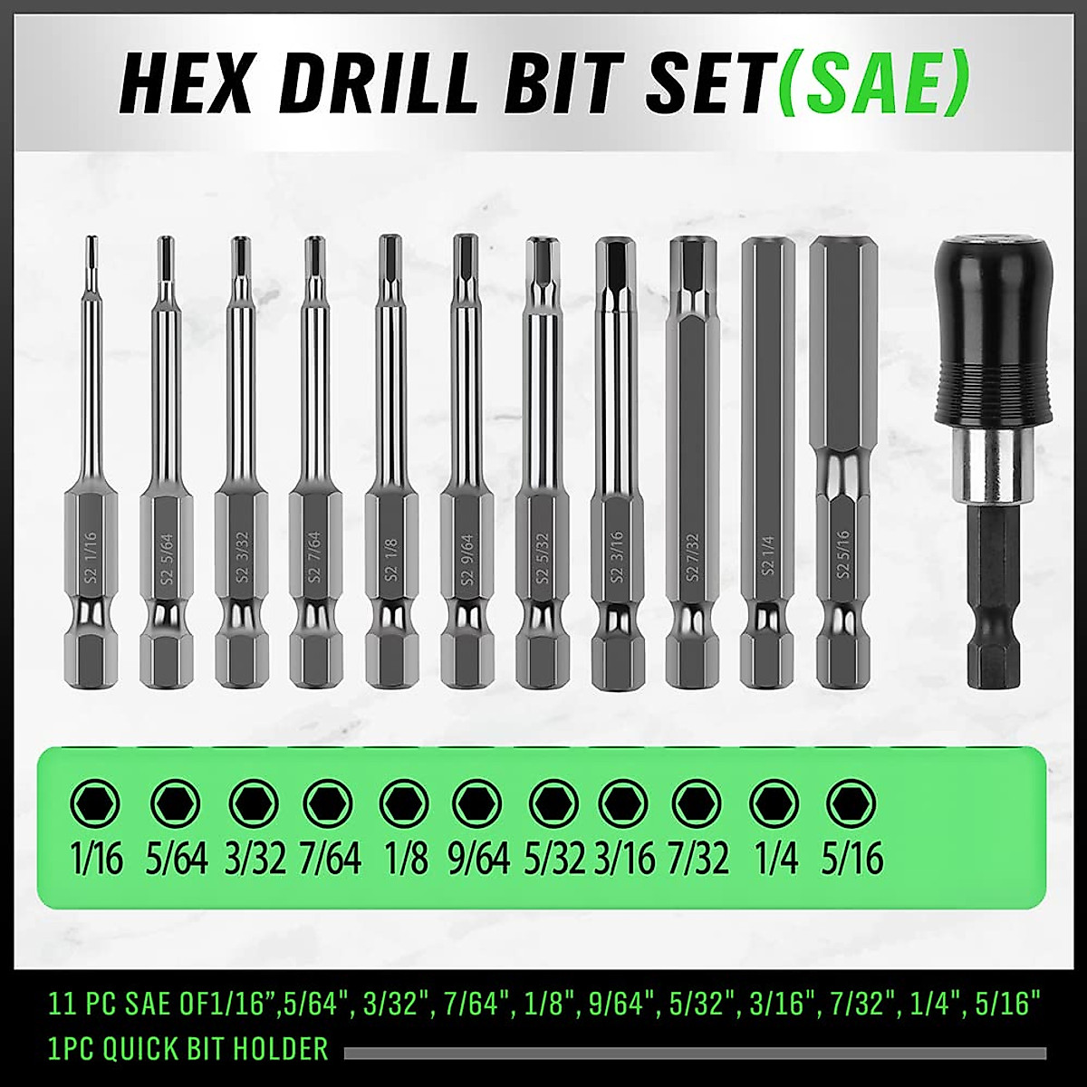 SWANLAKE 23-Piece Hex Head Allen Wrench Drill Bit Set, S2 Steel, Metric & SAE Hex Bit Set, 2.3" Long, Magnetic Tips.