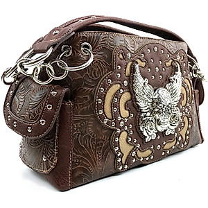Justin West Tooled Winged Sugar Skull Roses Laser Cut Chain Shoulder Handbag Purse with Concealed Carry and Phone Slot (Light Brown)