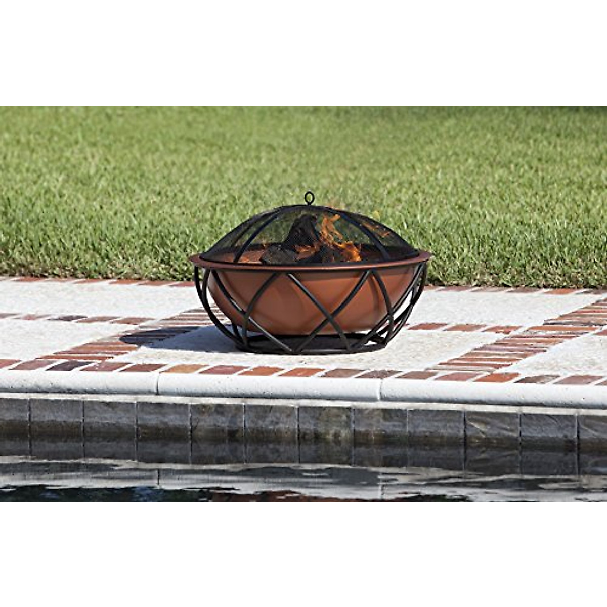 Fire Sense 62241 Fire Pit Barzelonia Copper-Look Wood Burning Lightweight Portable Outdoor Firepit Backyard Fireplace Camping Bonfire Included Screen Lift Tool & Cooking Grate - Round - 26"