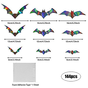 CCINEE 144Pcs Halloween Bat Wall Decor, 3D Black Iridescent Bat Wall Stickers Holographic Decorative Spooky Bat Wall Decal for Halloween Party Home Decoration Supply