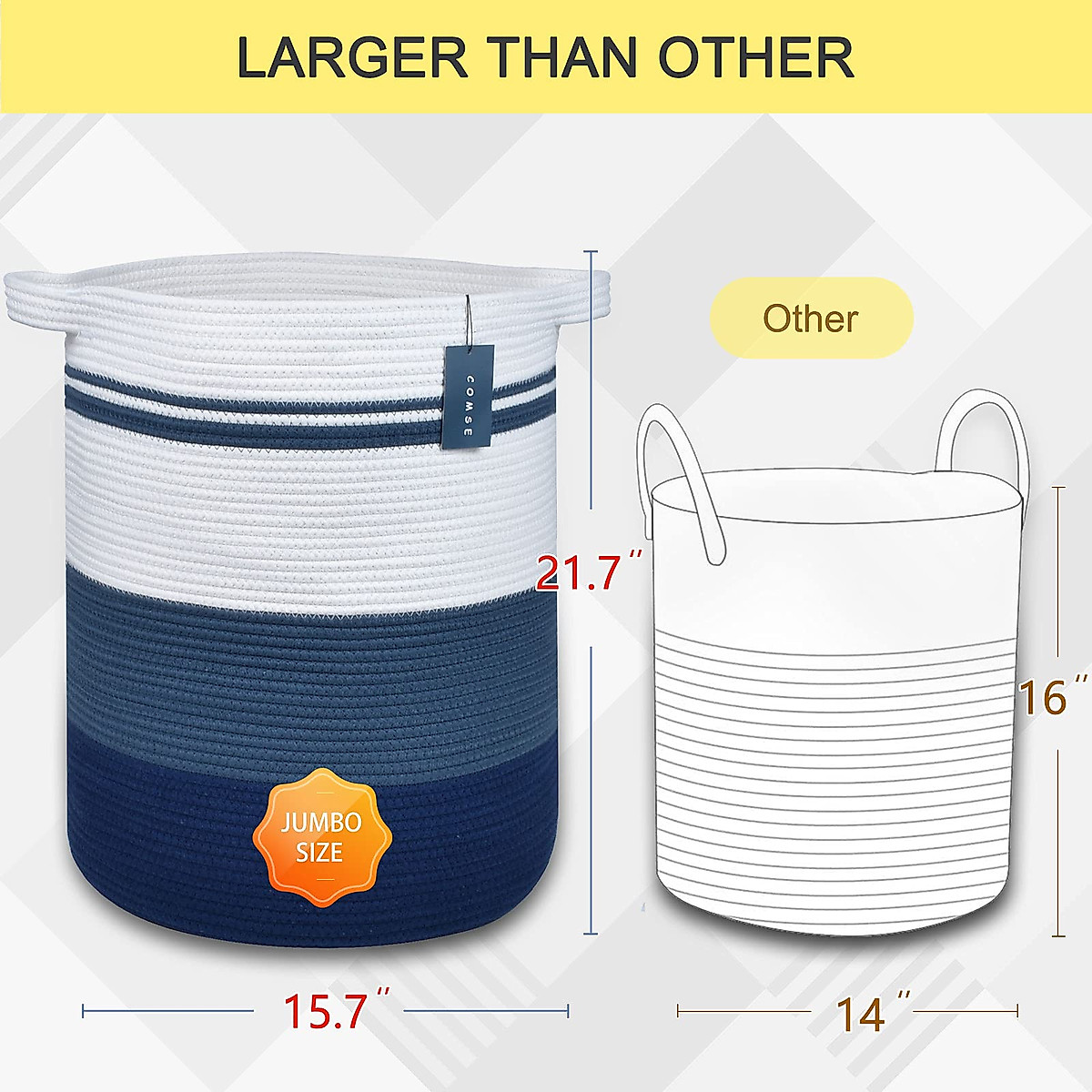 COMSE Extra Large Blanket Basket, High Storage Basket, Tall Rope Laundry Basket, 15.7”x 21.7”, XXXL Cotton Rope Basket, Woven Laundry Basket, Toy Basket, Clothes Baskets,Woven Basket,Gradient Blue