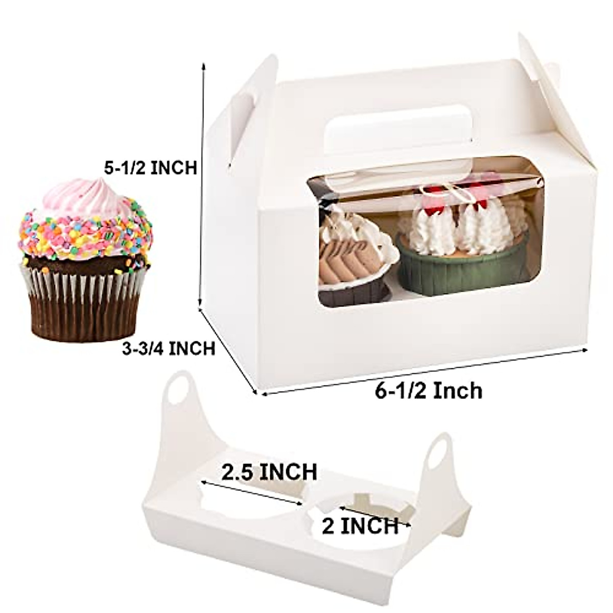 Jucoan 60 Pack White Cupcake Boxes with Insert, Handle and Window Hold 2 Standard Cupcakes, Kraft Paper Cupcake Container, Portable Cupcake Holder, Bakery Pastry Container for Cupcake, Muffins