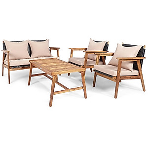 DORTALA 4 Piece Wicker Patio Furniture Set, Outdoor Acacia Wood & Rattan Coversation Sets with Chairs, Loveseat, Coffee Table for Backyard Porch Garden Poolside Balcony, Brown