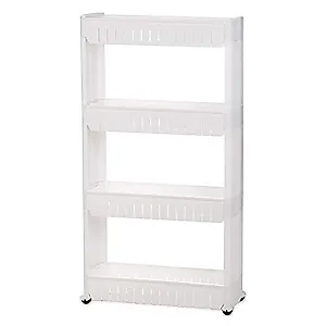 Gap Storage Organizer, FOME 4 Tier Mobile Shelving Unit Organizer Slide Out Storage Tower Slim Storage Tower Rack with Wheels Pull Out Pantry Shelves Cart for Kitchen Bath Room Narrow Spaces