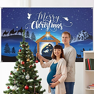 Nativity Banner Merry Christmas Nativity Barn Birth of Jesus Nativity Backdrop Scene Blue Large Holy Nativity Backdrop Religious Xmas Photography Booth Prop Banner for Christmas Party 72.8 x 43.3 Inch