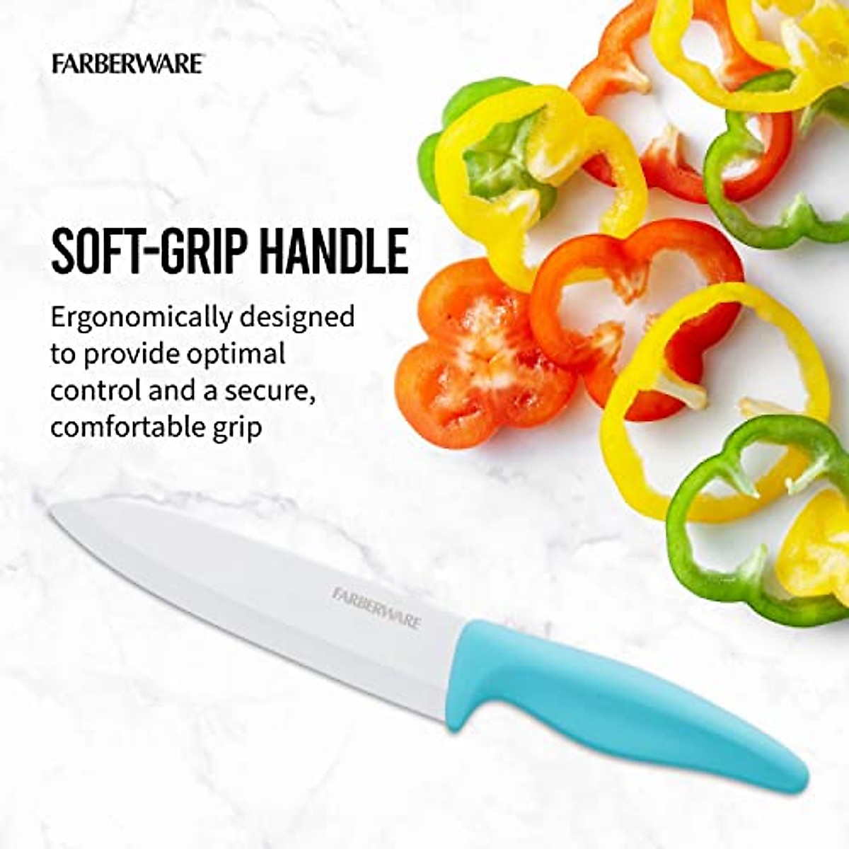 Farberware Ceramic Chef Knife with Custom-Fit Blade Cover, Razor-Sharp Kitchen Knife with Ergonomic Handle, Dishwasher-Safe, 6-inch, Aqua