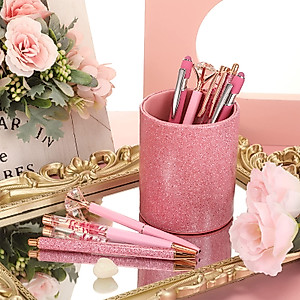 Sabary 8 Pcs Ballpoint Pens with Pen Holder for Desk Metal Crystal Diamond Pen Glitter Pencil Holder Fancy Pens Black Ink Bling Desk Organizer for Women Girls Office School Wedding Gifts (Pink)
