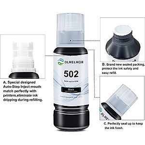 DLMELHOR Compatible for Epson 502 Refill Ink Bottle Kit T502 Premium Ink for EcoTank ET-2720 ET-2800 ET-2760 ET-2803 ET-4700 ET-3760 ET-15000 Printers 2xBlack, Cyan, Magenta, Yellow,5-Bottles 100ML