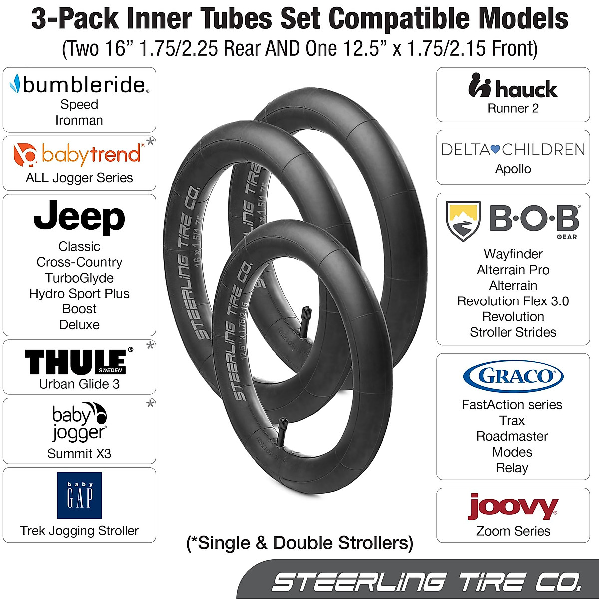Two 16'' x 1.5/1.75 & One 12.5'' x 1.75/2.15 [3-Pack] Extra Thick Inner Tire Tube for BOB Revolution Strollers & Stroller Strides - Best BOB Stroller Tire Replacement Set by Steerling Tire Co.