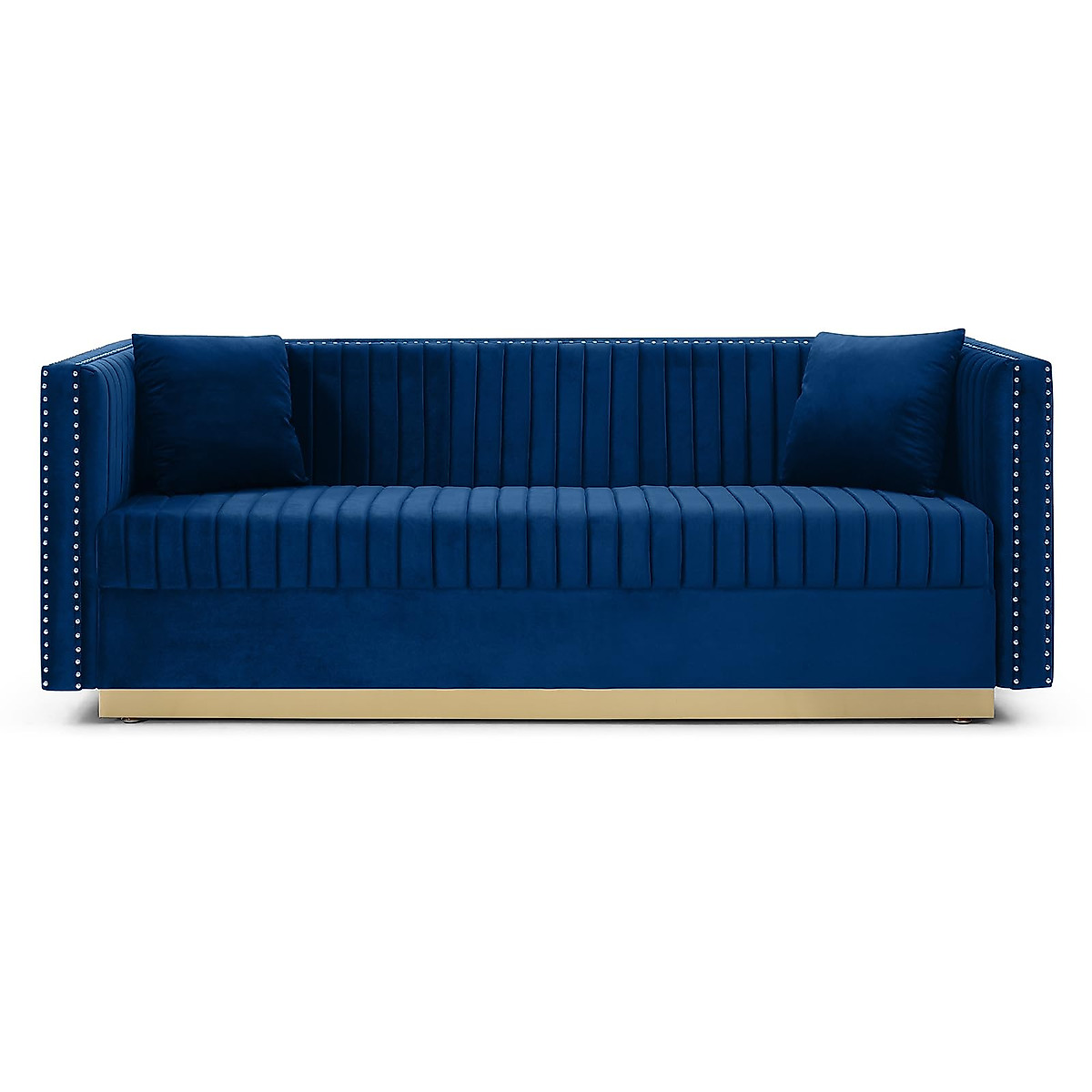 Vanress 78" Velvet Upholstered Sofa,Modern Tufted Couch 3 Seater,Square Arm, with Nailhead Trim and 2 Pillows for Living Room, Office (Blue)