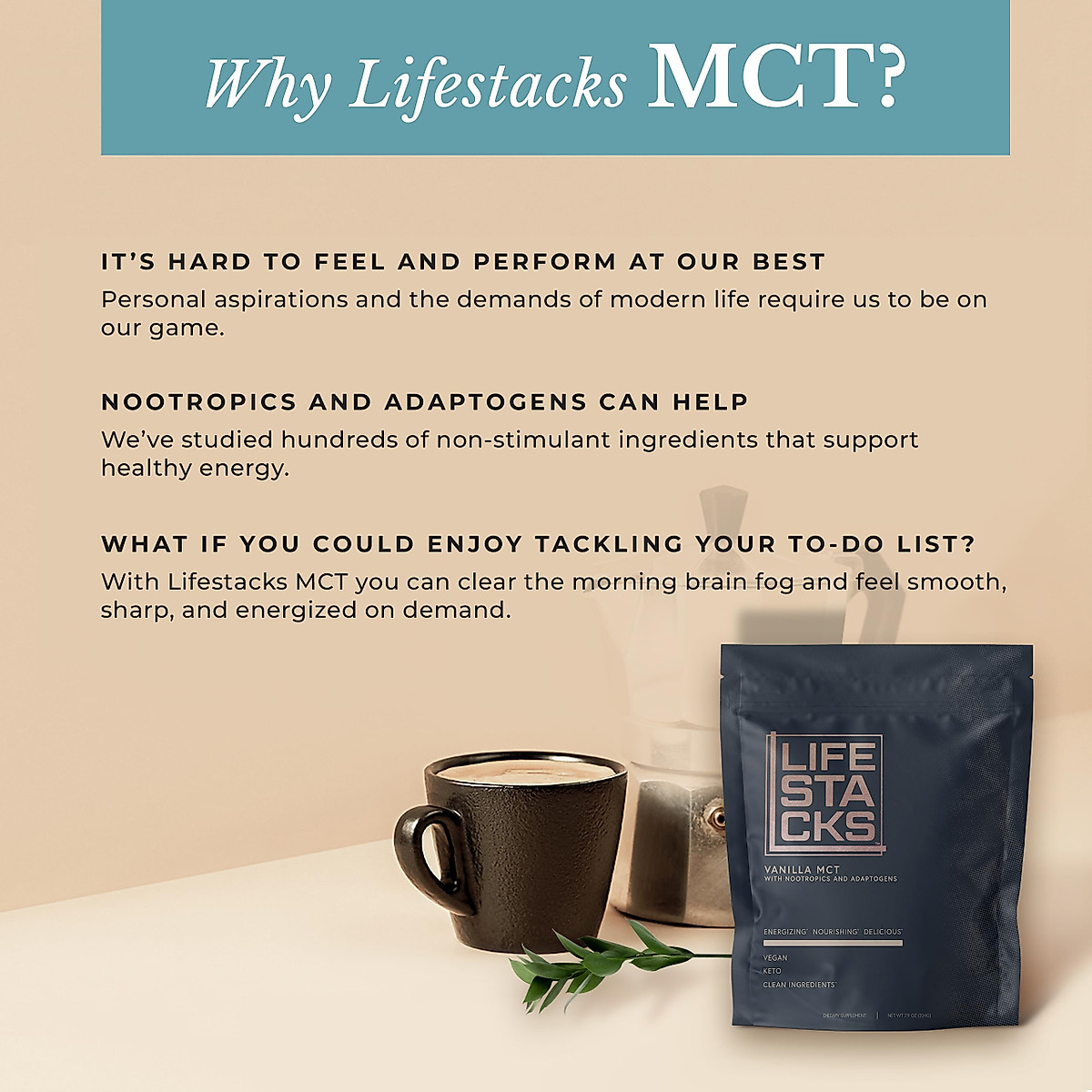 LIFESTACKS Vanilla MCT Oil Powder to Boost Energy & Focus - Nootropics + Adaptogens for an Elevated Coffee Experience - Keto, Vegan, 0 Sugar - Stacked for Success with Ginseng, Rhodiola, L-Tyrosine