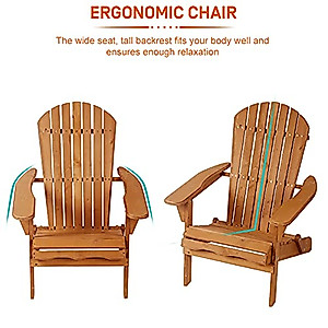 Adirondack Chair Weather Resistant Patio Chairs Folding Outdoor Chair w/Long Arms Solid Wooden Heavy Duty Reclining Fire Pit Chair for Deck, Lawn, Backyard, Garden - Natural