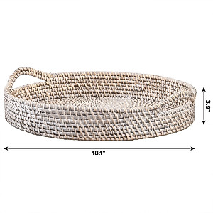 Artera Round Wicker Rattan Tray - 18 inches, Hand Woven Tray for Coffee Table, Ottoman, Natural Serving Tray with Handles, Circular Decorative Basket Tray.