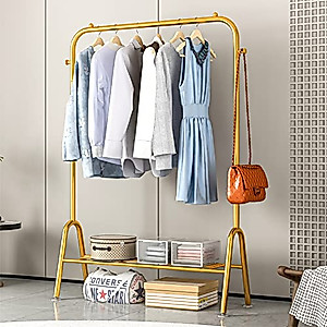 YMHT Garment Rack Metal Gold Clothing Rack with Shelves Clothes Rack with Shoe Shelves Hat Hooks Bedroom Cloakroom (Gold)