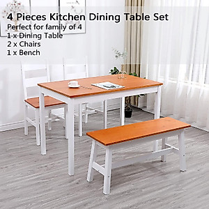 Alohappy Dining Table Set for 4, Solid Wood Kitchen Table with 2 Chairs and Bench, 4-Person Space-Saving Dinette Table for Kitchen, Dining Room, Sturdy Structure Easy Assembly Orange + White