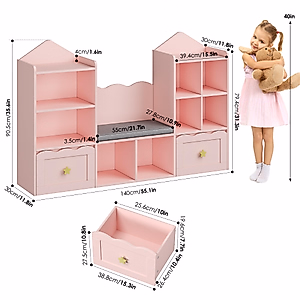 FACBOTALL Kids Bookshelf with Reading Nook, Kids Bookcase with Soft Cushion Seat, 2 Wheels Drawers and 8 Storage Cubbies, Toy Storage Organizer for Kid's Room Playroom, Bedroom, School, Pink