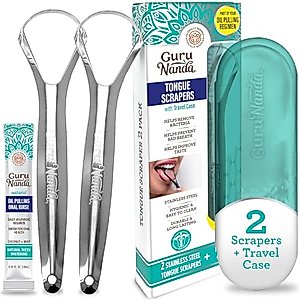GuruNanda Tongue Scraper for Adults (2 Pack) with Travel Case, 420 Medical-Grade 100% Stainless Steel Tongue Cleaner, Aids in Fresh Breath & Oral Care