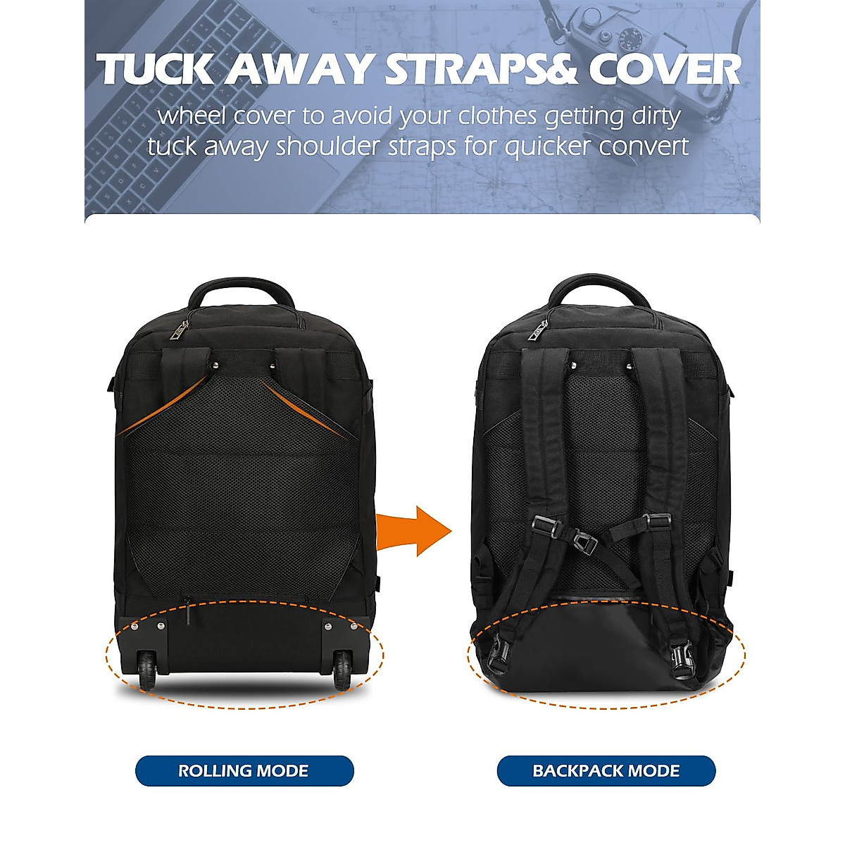 Hynes Eagle 42L Rolling Backpack Wheeled Backpack Flight Approved Travel Backpack Carry on Luggage Black with 3PCS Packing Cubes Set Red Violet