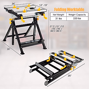 IRONMAX Portable Workbench, Folding Work Table with 7-Level Height Adjustable, 8 Sliding Clamps and Reclining, Folding Workbench and Vise for Cutting, Saw, Paint