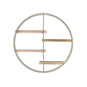 Linon Kenson Round Metal and Greywashed Wood Four Shelf Wall Storage in Gold