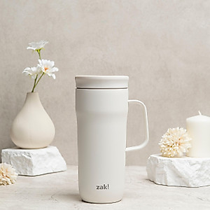 Zak Designs Harmony Tumbler for Travel or At Home, 20oz Recycled Stainless Steel is Splash-Proof and Vacuum Insulated with Slide Lid and Handle (Cream White)