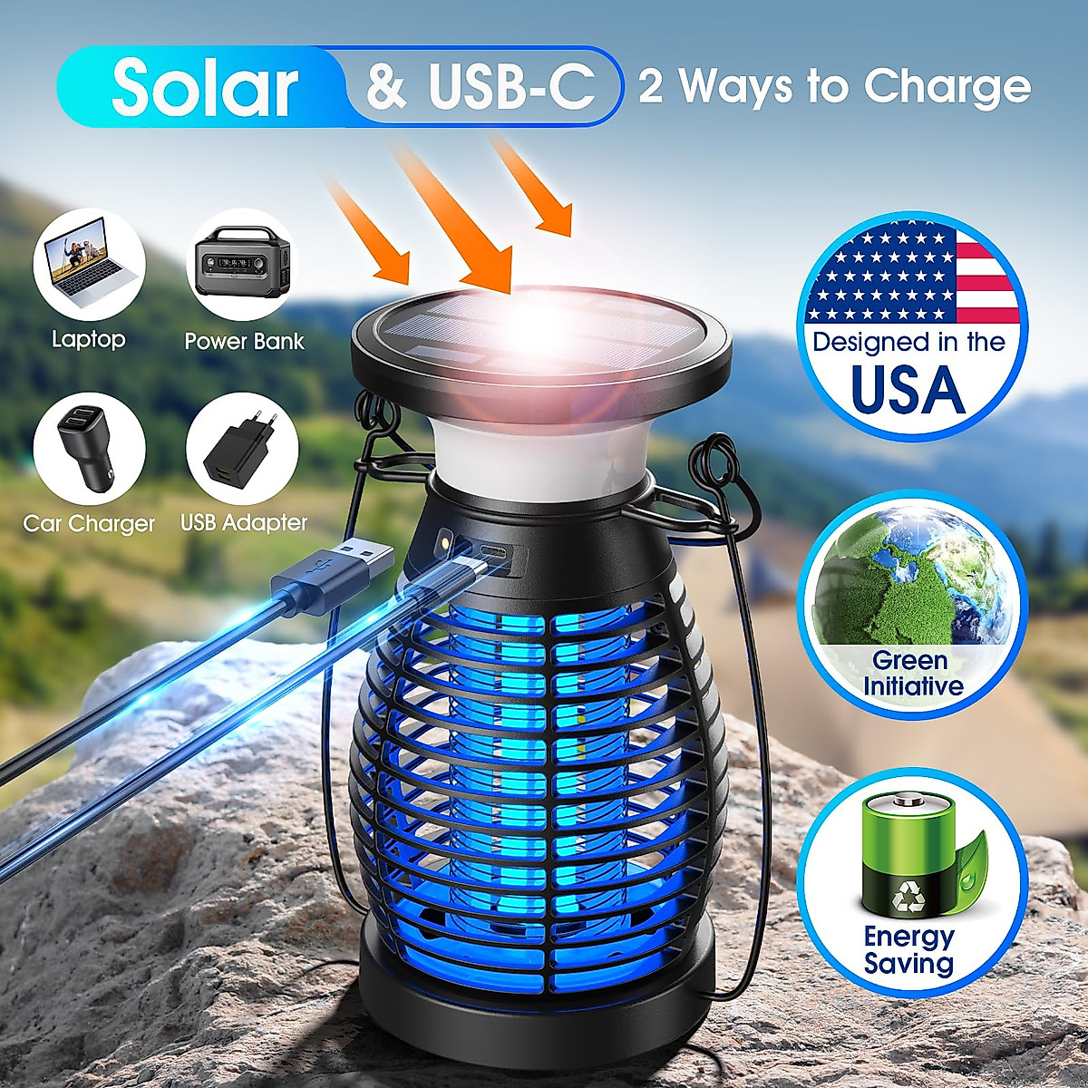 Sayneep Solar Bug Zapper Outdoor, 4200V Effective Mosquito Zapper, Rechargeable Cordless Bug Zapper Outdoor with 4000mAh Battery, Portable Electric Fly Zapper for Patio, Porch, Garden, Kitchen, Black