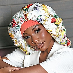 KISS COLORS & CARE Reversible Hair Bonnet Super Jumbo - Floral Design, Luxurious Satin & Breathable Material for Hair Protection from Dryness, Friction & Split Ends Overnight - for All Hair Types