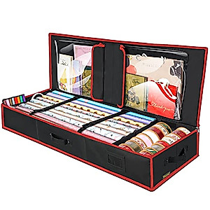 BALEINE Christmas Wrapping Paper Storage Organizer with Flexible Partitions and Pockets, 40" Durable 600D Oxford Fabric Gift Wrap Storage Bag Fits Ribbon, Ornaments, Holiday Accessories (Black/Red)