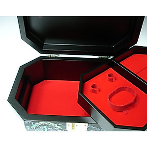 Mother of Pearl Inlaid Landscape Design Lacquered Black Octagonal Luxury Wooden Asian Handcrafted Jewelry Trinket Keepsake Treasure Box Case Chest Organizer