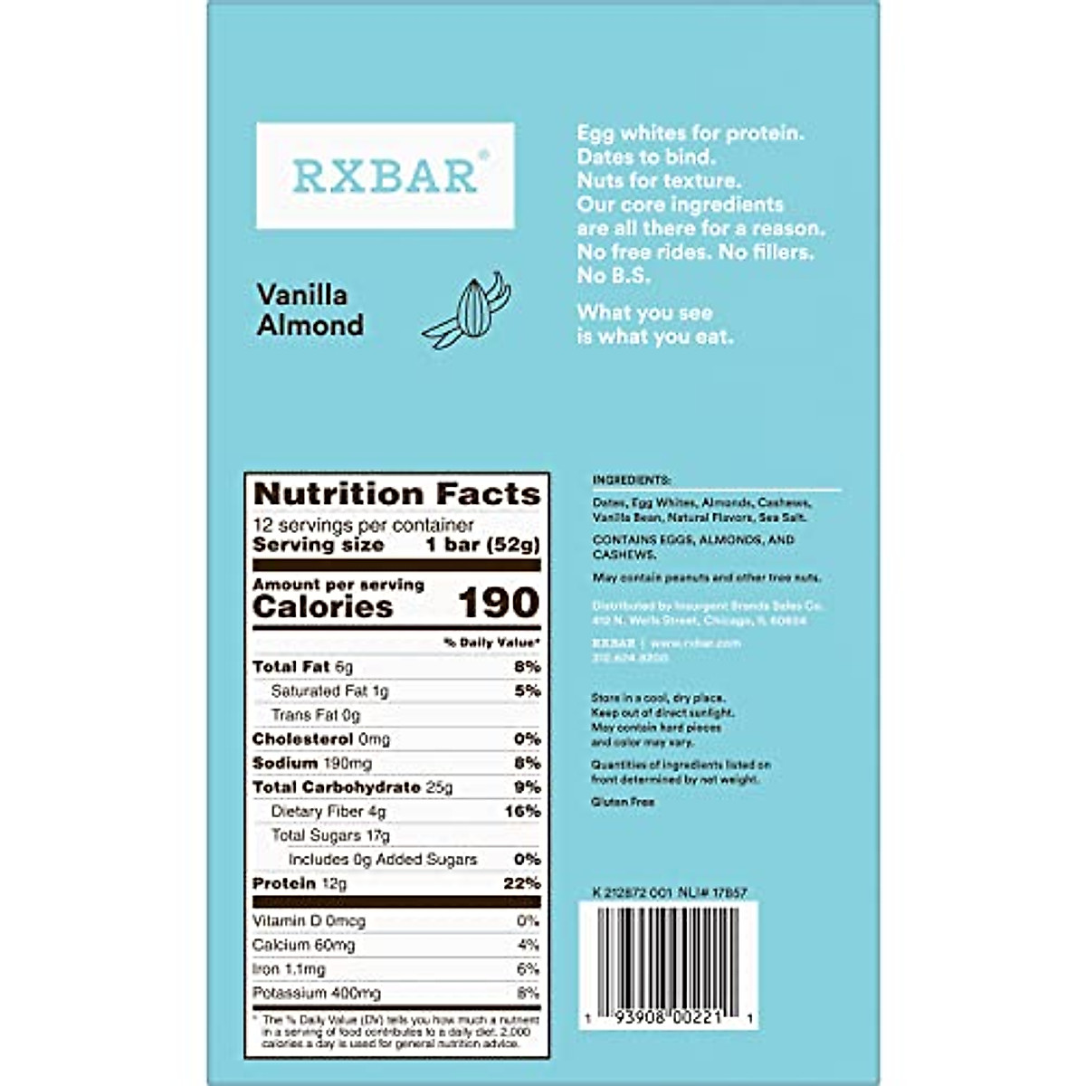 RXBAR Protein Bars, Protein Snack, Snack Bars, Vanilla Almond, 22oz Box (12 Bars)
