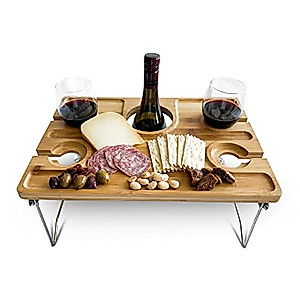 Comfort Theory Bamboo Wine Picnic Table | Collapsible Tray for Indoor & Outdoor Use | Perfect Wine Lover Gift | Folding Table with Wine Glass & Hard Seltzer Can Holders | Wine & Cheese Server
