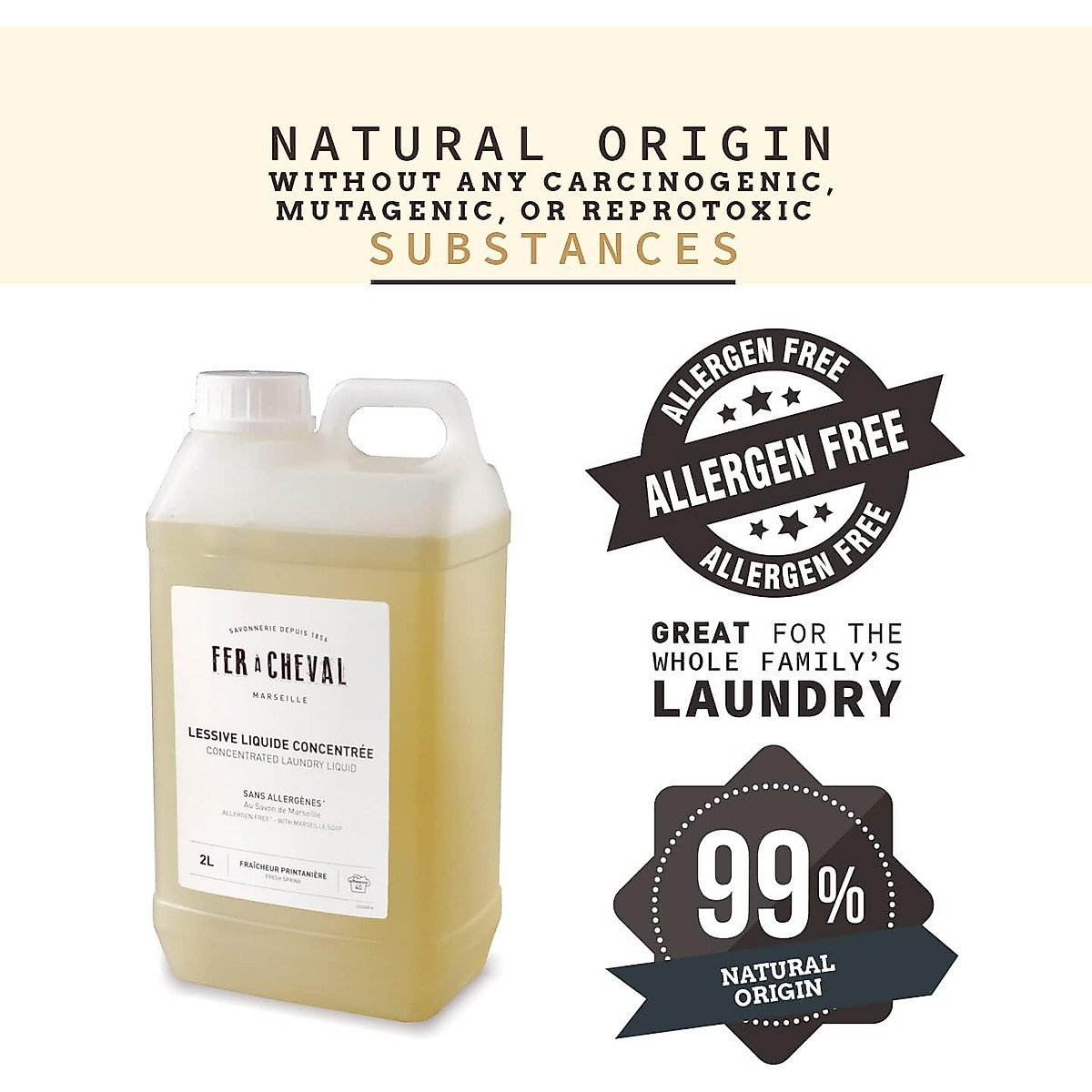 Fer à Cheval Concentrated Laundry Liquid, Allergen Free with Marseille Soap Laundry Detergent Liquid, Organic Washing Detergent Laundry Soap, Fresh Spring, 2L/67.6oz