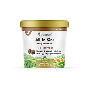 NaturVet All-in-One Dog Supplement - for Joint Support, Digestion, Skin, Coat Care – Dog Multivitamins with Minerals, Omega-3, 6, 9 – Wheat-Free Vitamins for Dogs – 60 Soft Chews