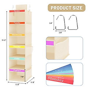 Fixwal 6-Shelf Weekly Hanging Closet Organizer for Kids, Kids Daily Clothes Organizers with 6 Side Pockets, Days of The Week Hanging Storage Shelves (Begie)