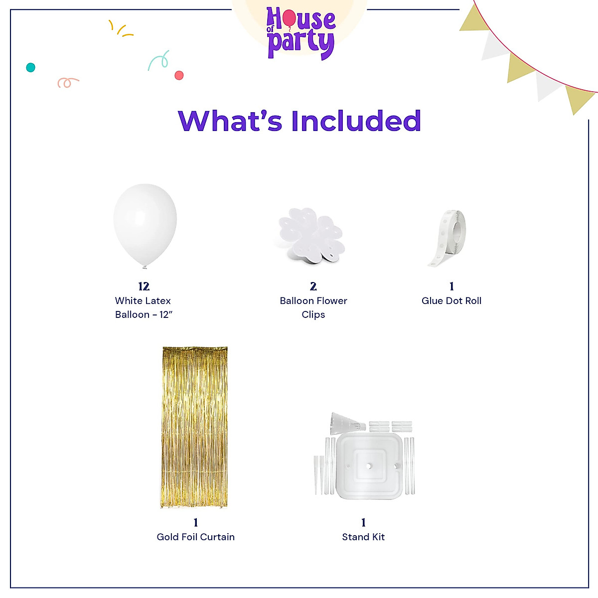 HOUSE OF PARTY DIY Balloon Topiary Stand - Balloon Holder with White Balloons & Gold Foil Curtain, Centerpiece Balloon Column for Wedding & Engagement Decorations