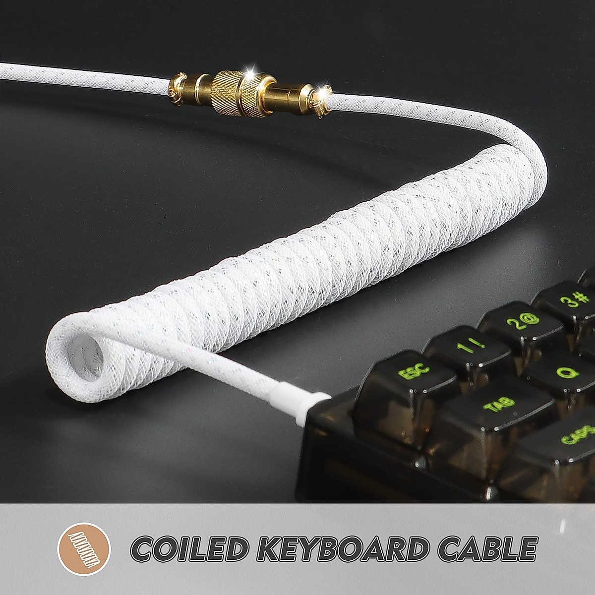 ATTACK SHARK Custom Coiled USB C to A Cable for Gaming Keyboard,Double-Sleeved Starlight Braided Cable with Detachable Metal Aviator 24K Gold Connector 1.7M-2.2M for Phone/PS4/Android/Xbox-White