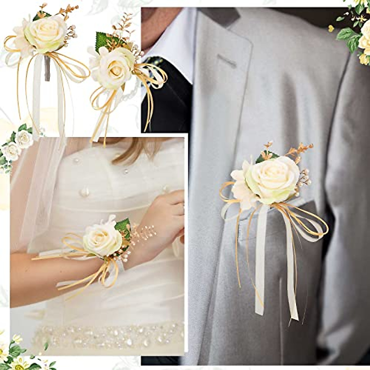 20 Pcs Rose Wrist Corsage and Boutonniere Set Flower Wrist Corsage Wristlet Band Bracelet Bridegroom Men's Boutonniere Wedding Wristlet Hand Flower for Prom Party Bouquets Accessories (Champagne)